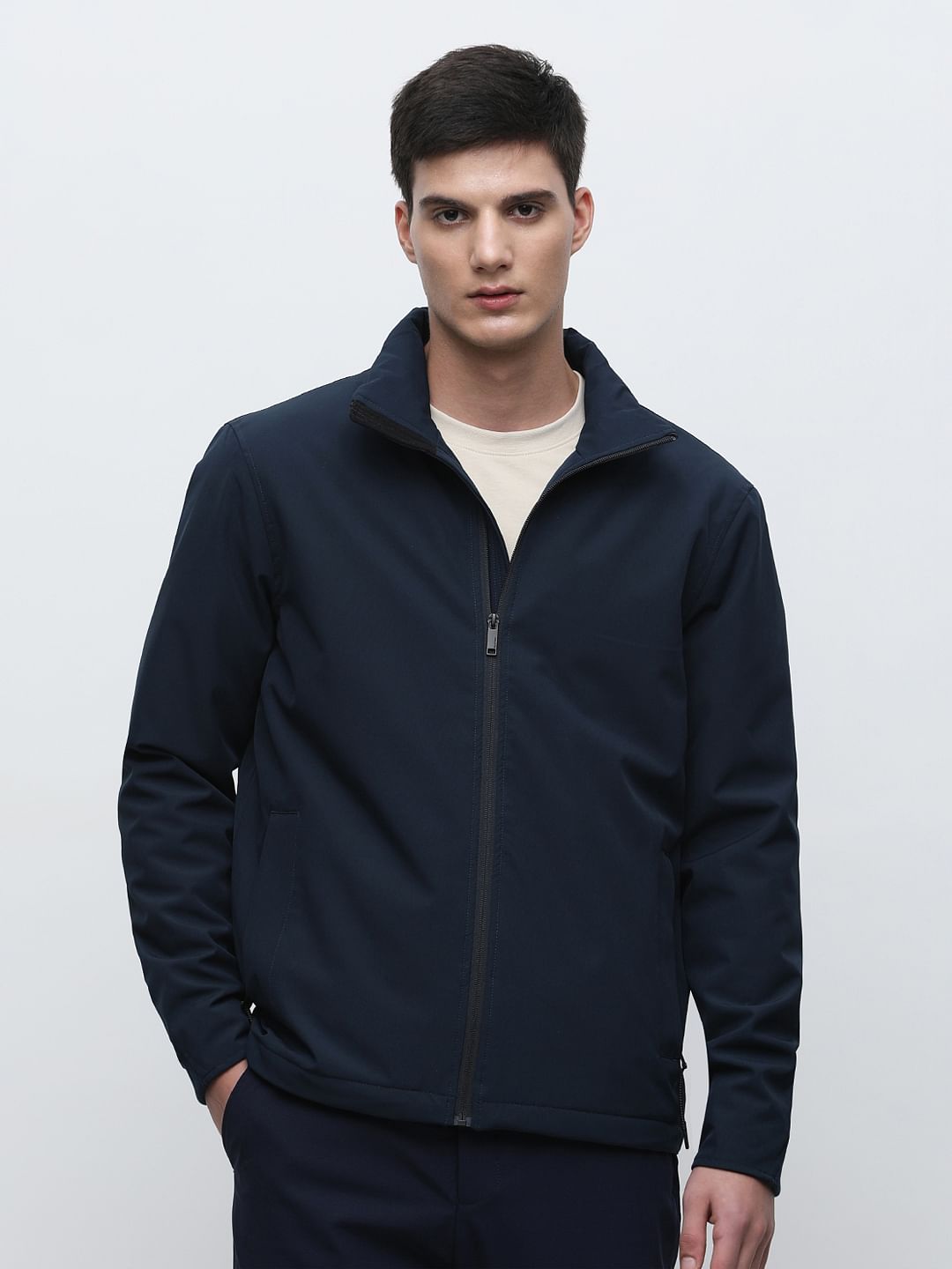 Buy Navy Blue High Neck Padded Jacket for Men Online
