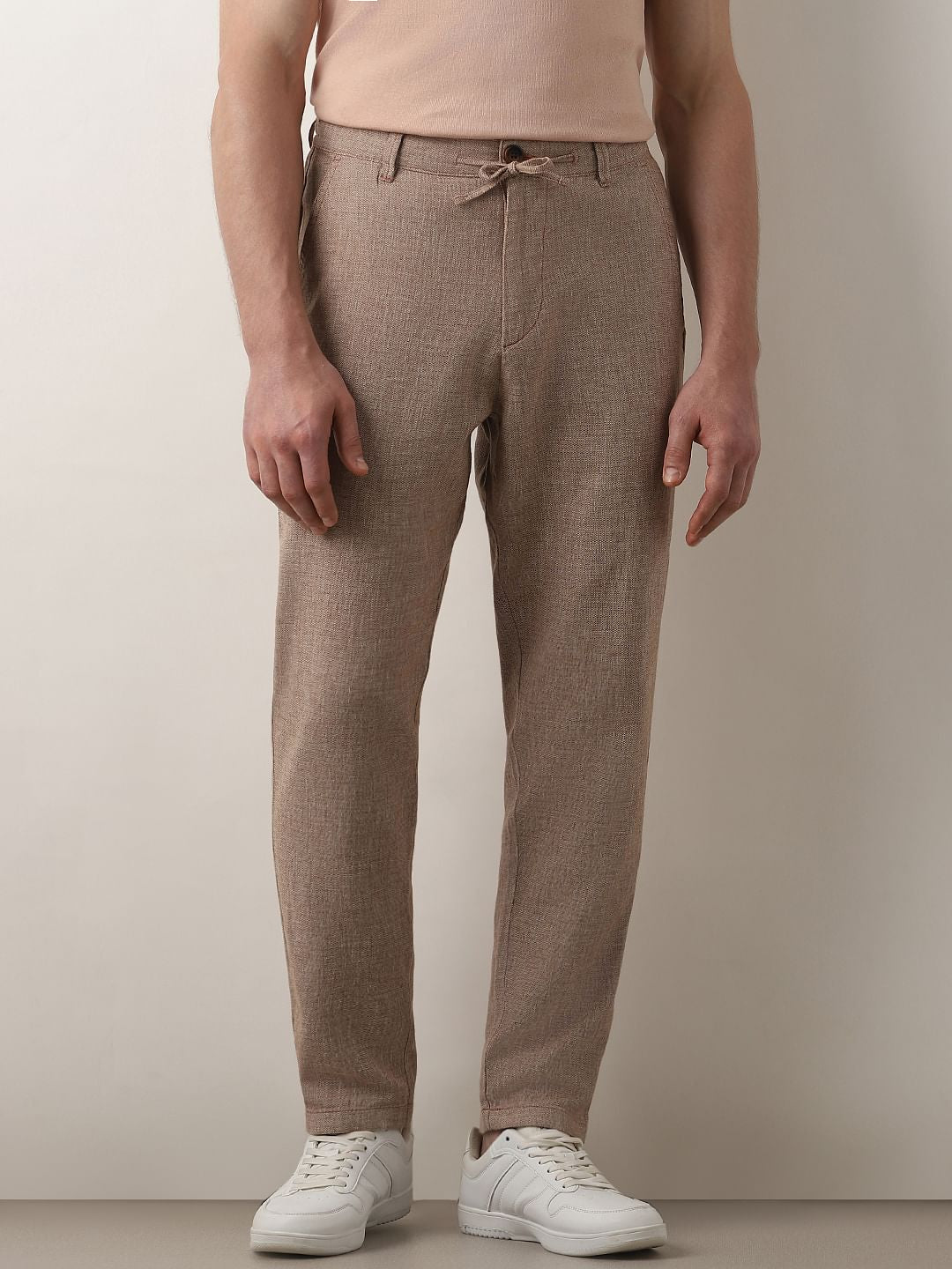 Buy Beige Mid Rise Linen Slim Fit Pants for Men Online