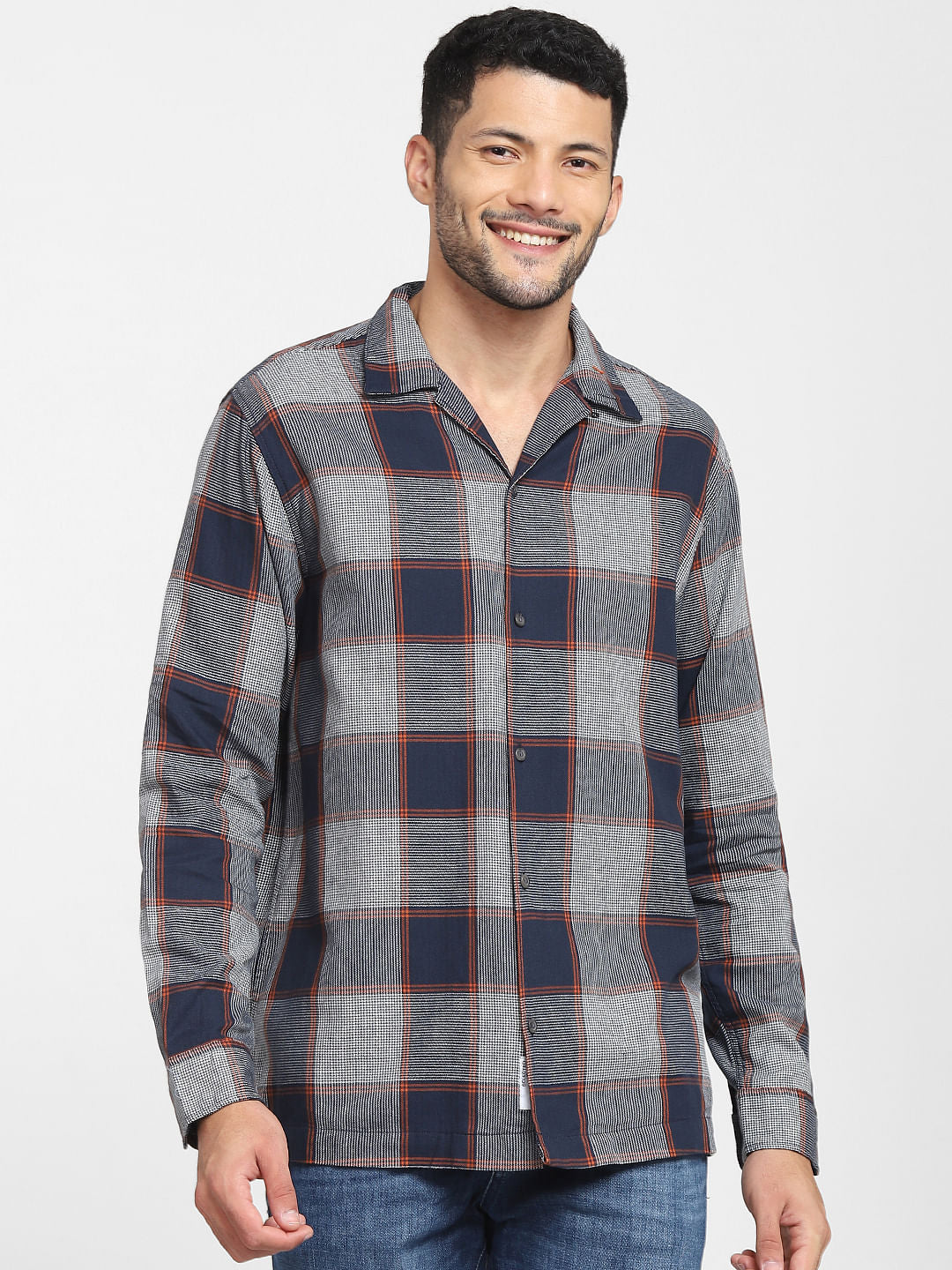 Buy Blue & Grey Check Full Sleeves Shirt for Men Online