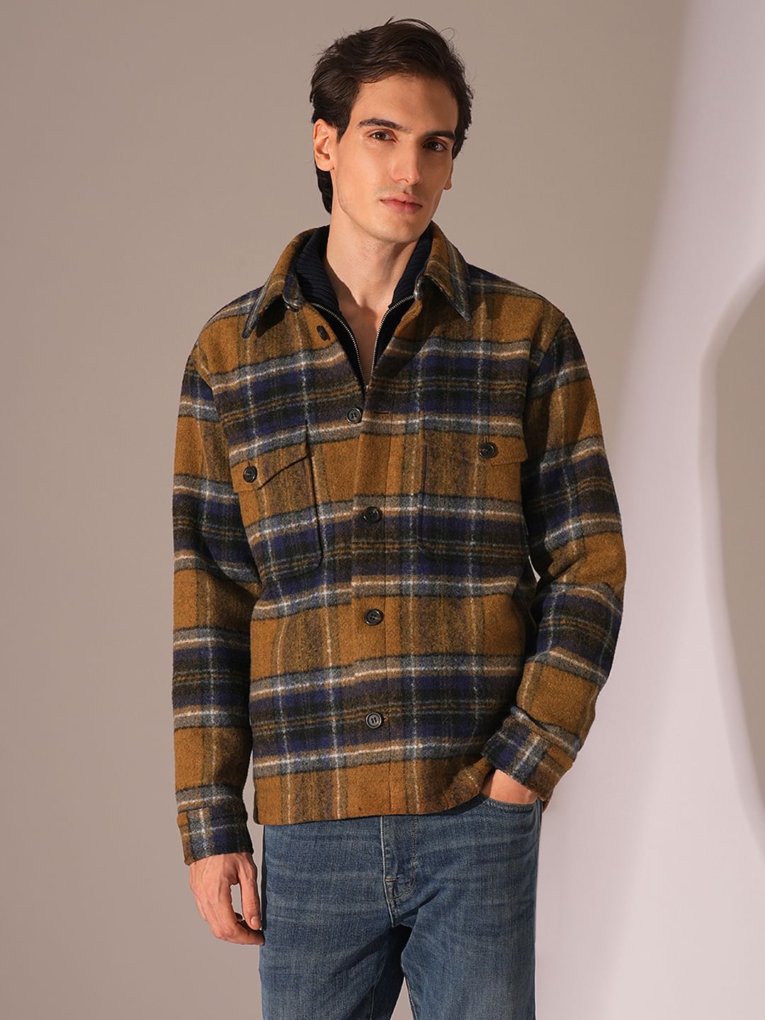 Buy Dark Brown Check Print Shacket for Men Online