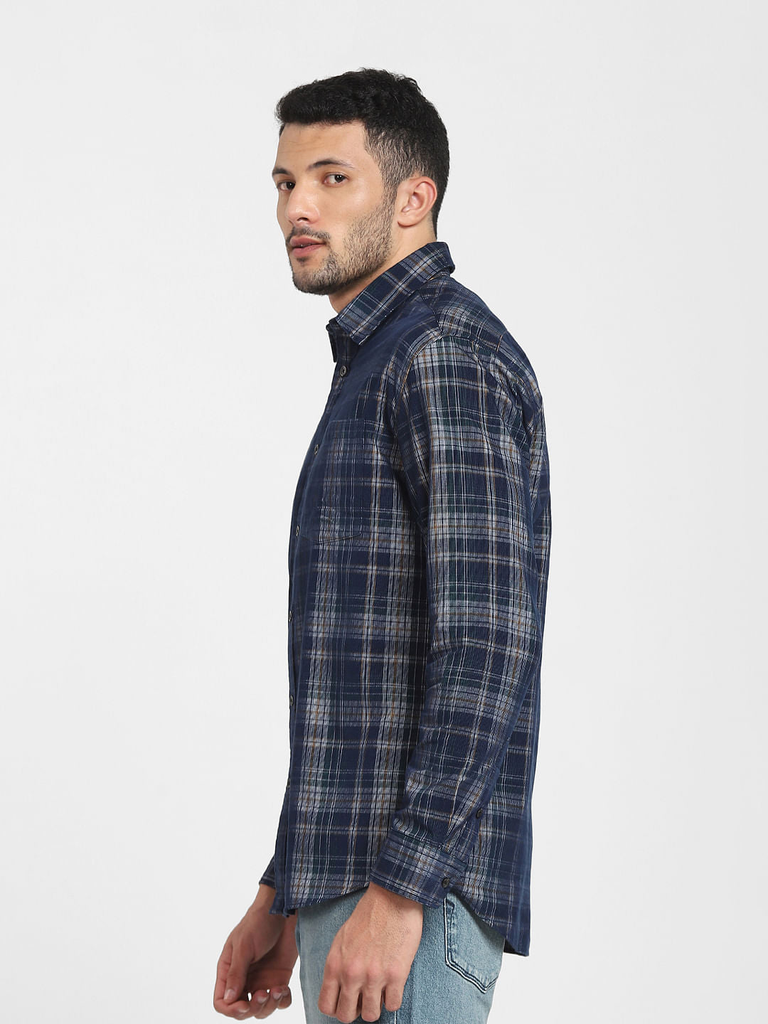 Buy Navy Blue Check Full Sleeves Shirt for Men Online