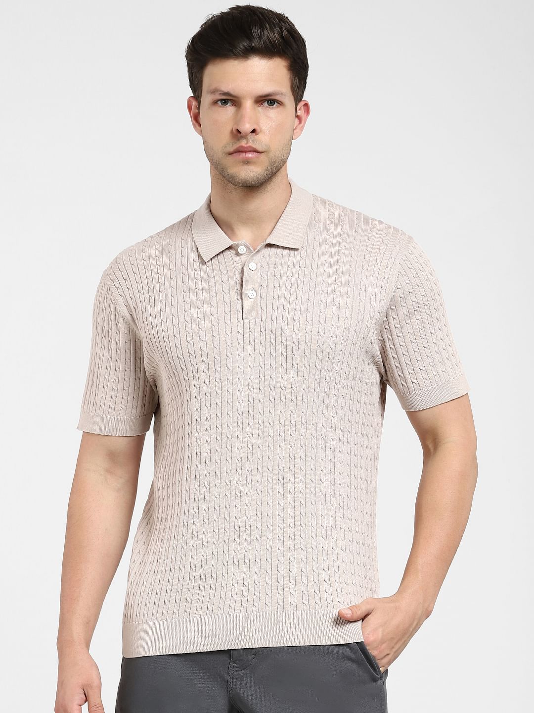 Buy Beige Cable Knit Polo T-shirt for Men Online