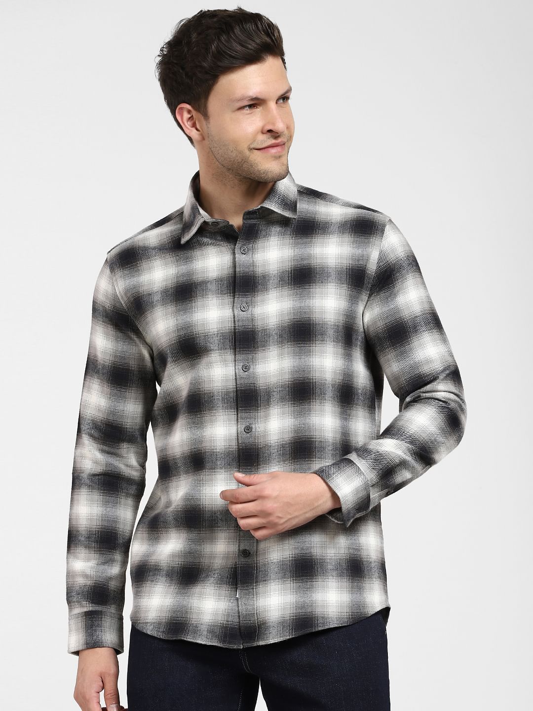 Buy Grey Check Print Full Sleeves Shirt for Men Online