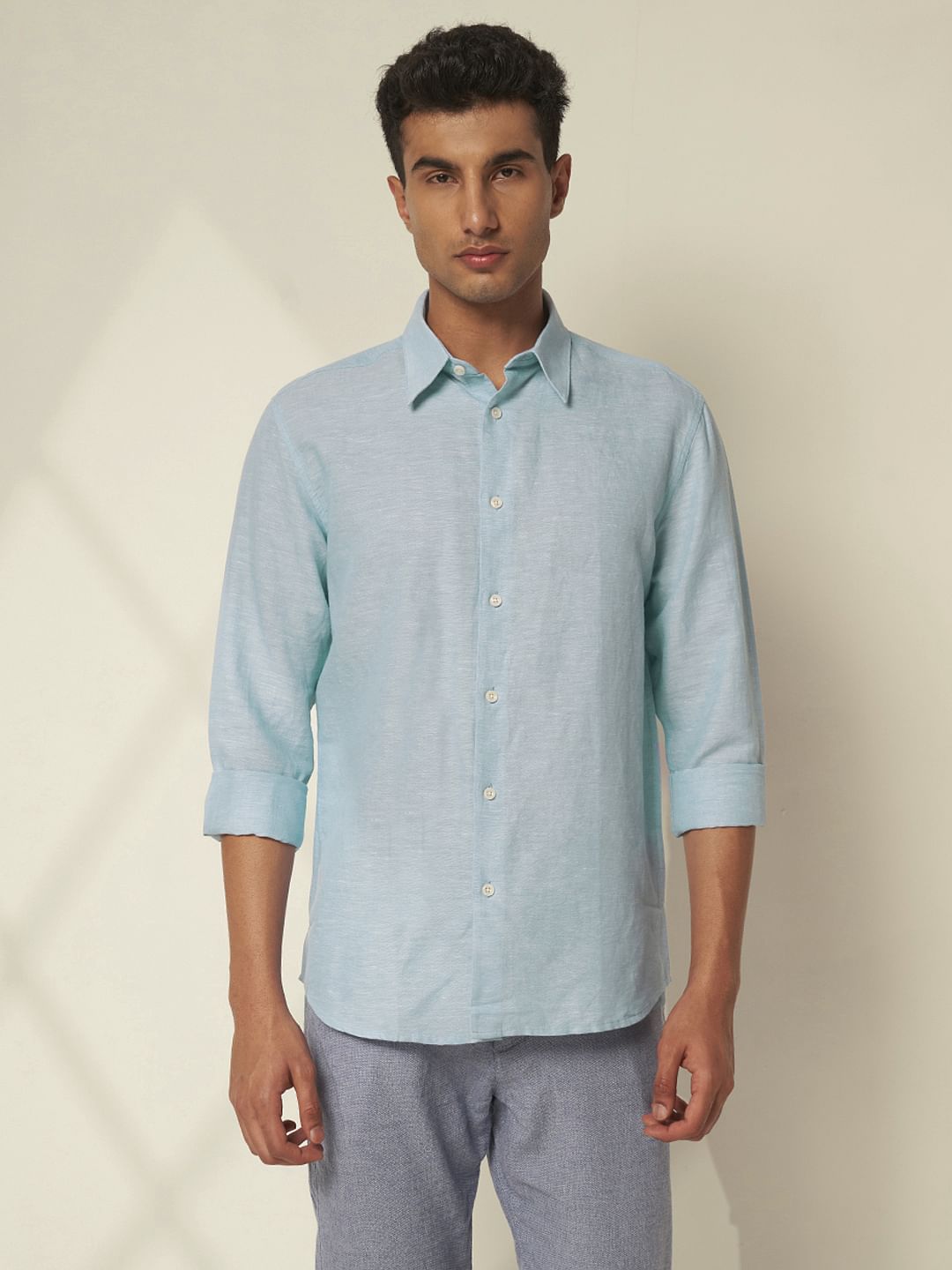 Buy Light Blue Linen Regular Fit Shirt for Men Online